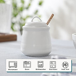 HAOTOP Ceramic Honey pot with Lid and Honey Dipper,Porcelain Honey Jar Easy to Clean and Dishwasher Safe,12oz (White)