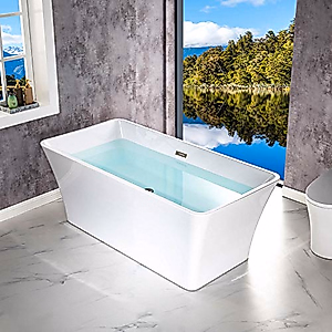 WOODBRIDGE 59" Freestanding White Acylic Soaking Bathtub with Matte Black Drain and Overflow,BTS1509-MB-Drain&O