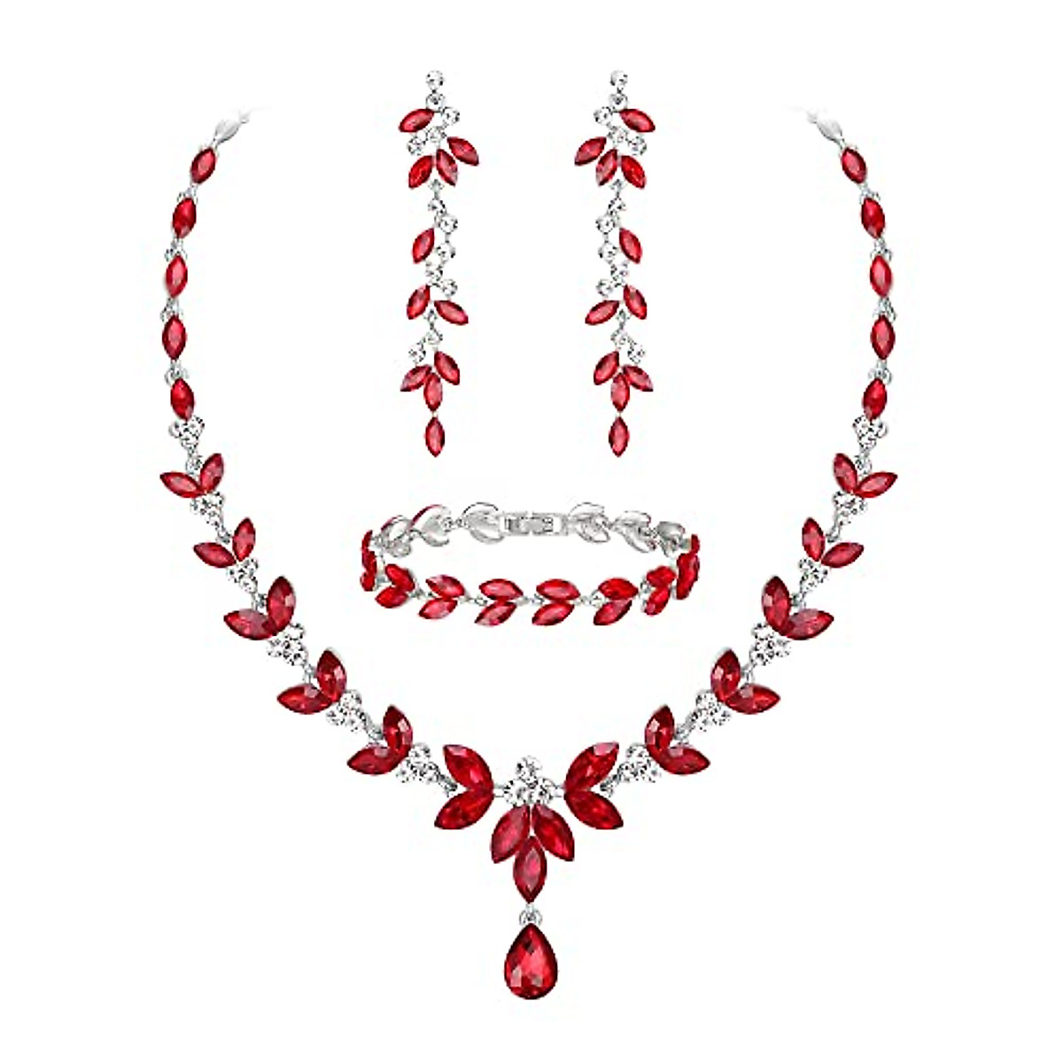 EVER FAITH Austrian Crystal Bridal Bridesmaid Jewelry Sets, Elegant Marquise Rhinestone Leaf Necklace Dangle Earrings Tennis Bracelet Set Red Silver-Tone