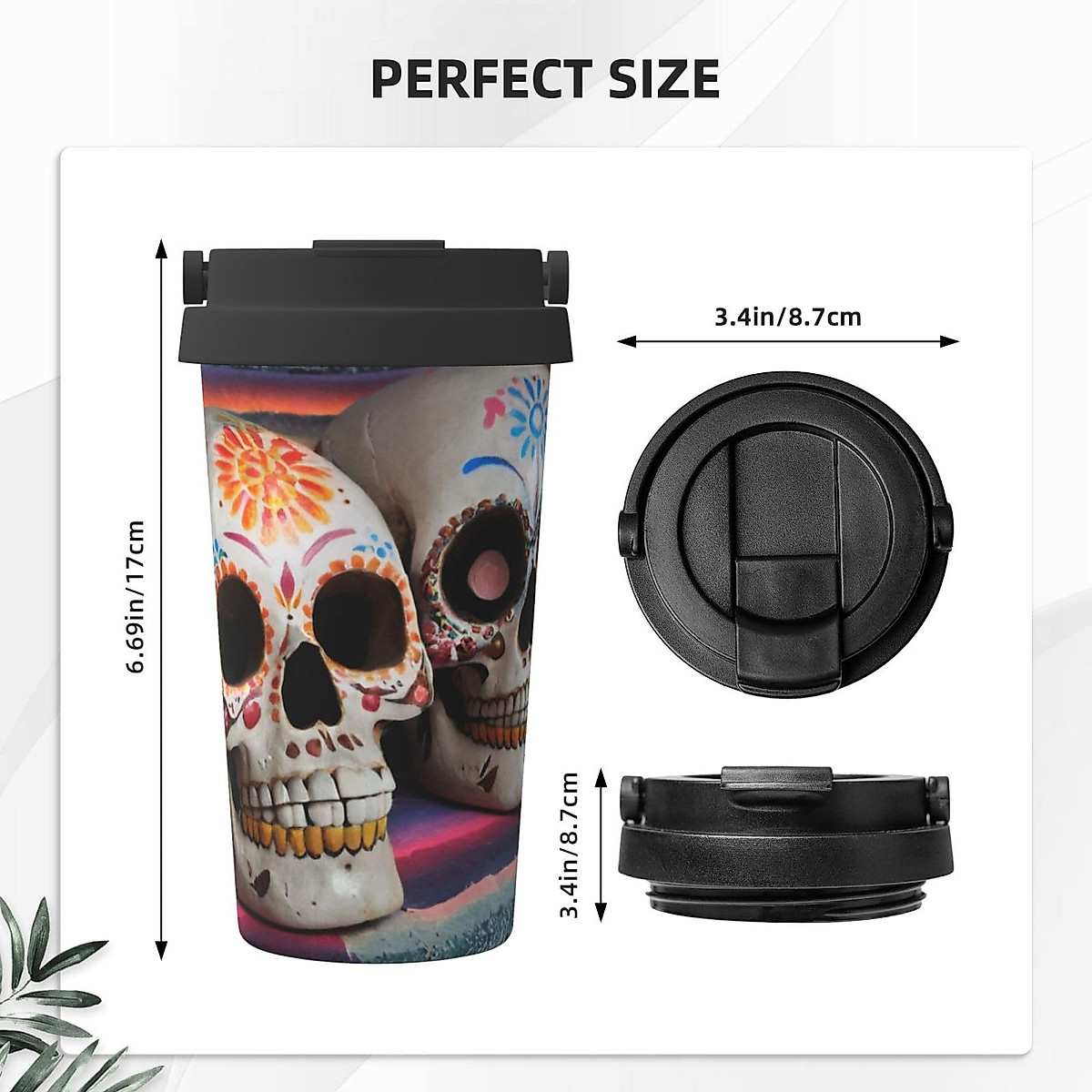 Insulated Coffee Mug Skull. 17oz Double Wall Vacuum Stainless Steel Tumbler With Leak-Proof Lid And Handle, Cute Travel Thermos Mug For Cold Hot Drinks