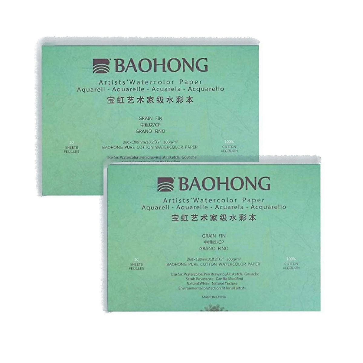 BAOHONG Artists' Watercolor Painting Block, Pack of 2, 40 Sheets 100% Cotton, Acid-Free, 140LB/300GSM, Cold Press Textured, Ideal for Watercolor Techniques, Colored Pencil and Pastel