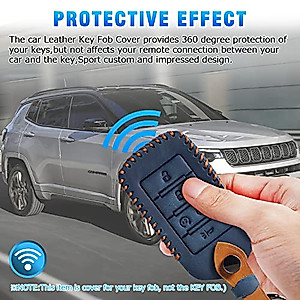 Canvcle Key Fob Cover for 2021 2022 2023 Jeep Grand Cherokee/Grand Cherokee L/Wagoneer/Grand Wagoneer Accessories Key Cover Leather Blue 5 Button 1PCS