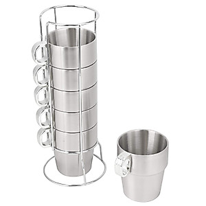 Agatige 6PCS Stackable Stainless Steel Coffee Cups, 300ml Stainless Steel Cup Stackable Coffee Mug with Rack, Insulated Coffe Cup Tea Cups Double Wall Expresso Coffee Cup Water Cup for Home,6x9.5cm