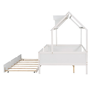 Harper & Bright Designs Full Size House Bed with Trundle, Full Size Bed Frame for Kids,Wooden Cabin Full Playhouse Bed for Girls, Boys,No Box Spring Needed,White