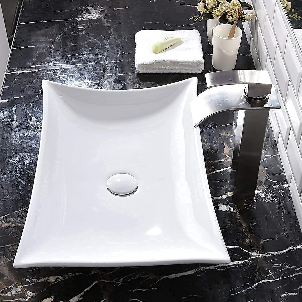 SHACO Contemporary 22.44" X 14.57" Porcelain Ceramic Above Counter Bathroom Vessel Sink, Countertop Bowl Lavatory Vanity Big Bathroom Sink