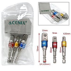 ACENIX 3 Pcs Set Power Hand Tools Driver Extension Socket Adapter Sets, 3Pcs 1/4" 3/8" 1/2" Hex Shank Bit Square Nut Driver Set Power Drill Cordless Impact Sockets Bit Set Adapter
