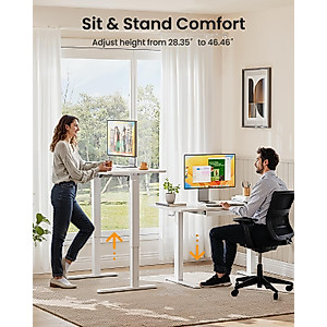 ErGear Standing Desk with Drawer, 44 x 24 inch Electric Height Adjustable Desk with 4 Preset Heights & 2 Storage Hooks, Sit Stand Desk with Drawer, Computer Home Office Desk with Splice Board, White