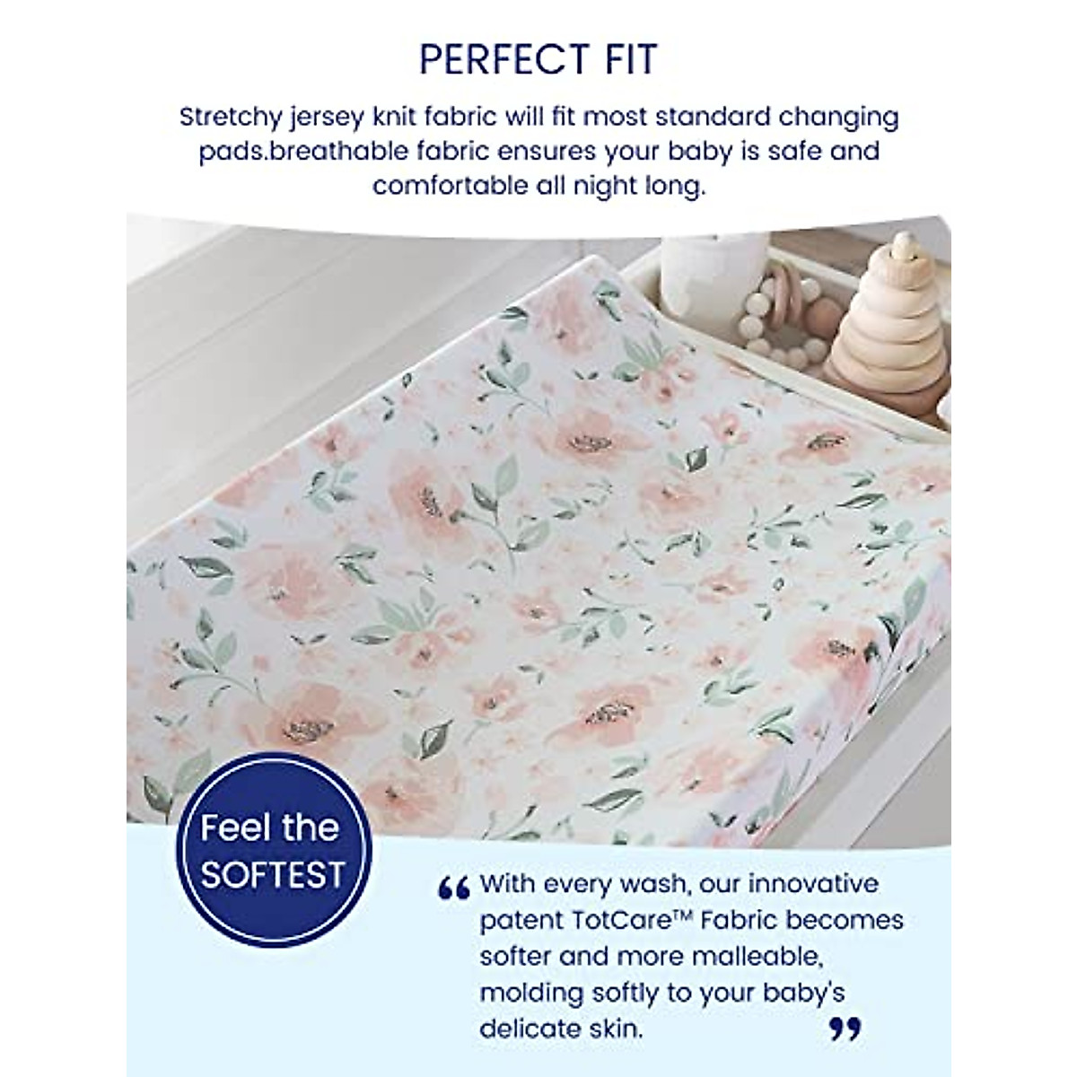 TotAha Premium Stretchy Changing Pad Covers (2-Pack) Hypoallergenic, Silky Comfort, Buttery Soft, Calming Effect, All-Season Jersey-Knit 5'' Deep Pocket(Meredith Allover Floral & Pale Pink Flowers)