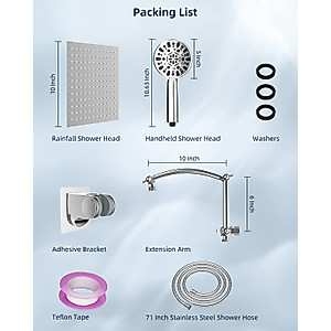 Hibbent All Metal Shower Head,10'' High Pressure Rain Shower Head/Handheld Showerhead Combo with 16'' Adjustable Arc-shaped Shower Extension Arm, 7-Spray, 71'' Hose Adhesive Showerhead Holder, Chrome