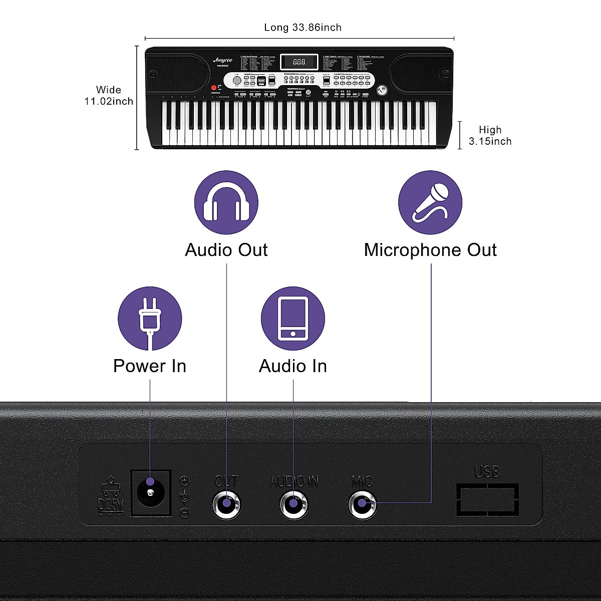 Amyove Keyboard Piano for Beginners, 61 Key Piano Keyboard with Built-In Speaker Microphone, Sheet Stand and Power Supply, Portable Keyboard Teaching for Best Birthday or Christmas Gift