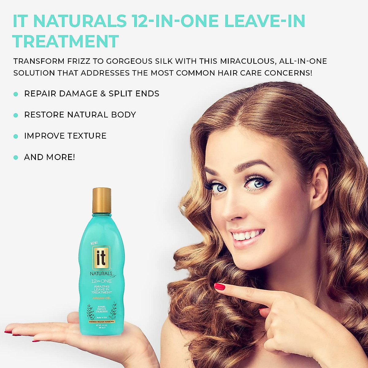 IT Naturals Argan Oil 12-In-One Amazing Leave In Treatment, 10.2oz - Repairs, Protects & Strengthen Hair Split Ends & Breakage - for All Hair Types - Moisturizing & Volumizing - Paraben Free