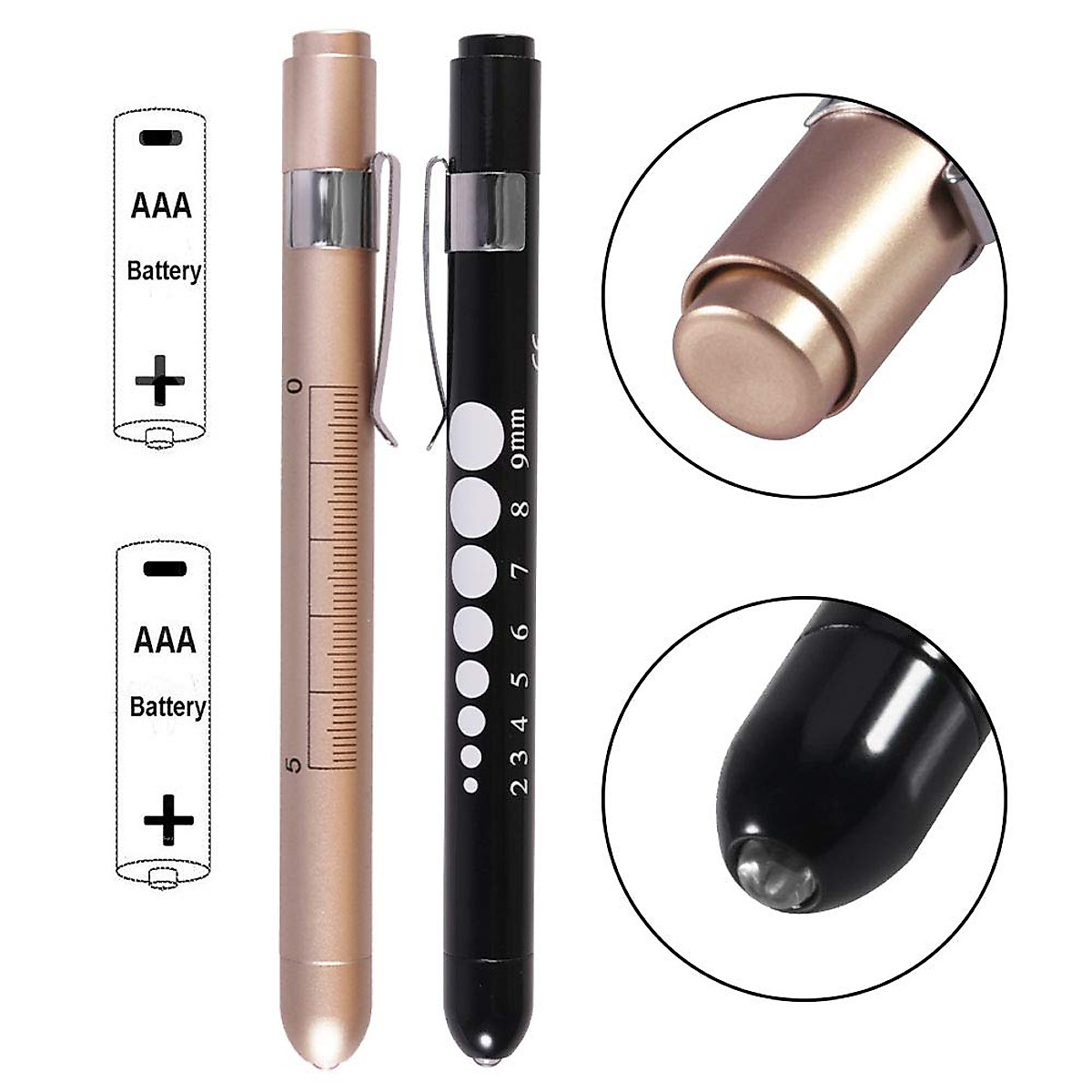 Aokin Pen Light with Pupil Gauge, Reusable LED Penlight Medical for Doctor Nurse Diagnostic etc, White Light, Gold and Black