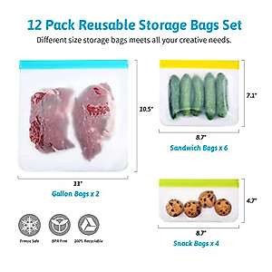 Reusable Ziplock Bags Silicone Dishwasher Safe, 12 Pack BPA FREE Reusable Freezer Bags, Reusable Sandwich Kids Snack Bags, Leakproof Reusable Food Storage Bags for Lunch, 2 Gallon 6 Sandwich 4 Snack
