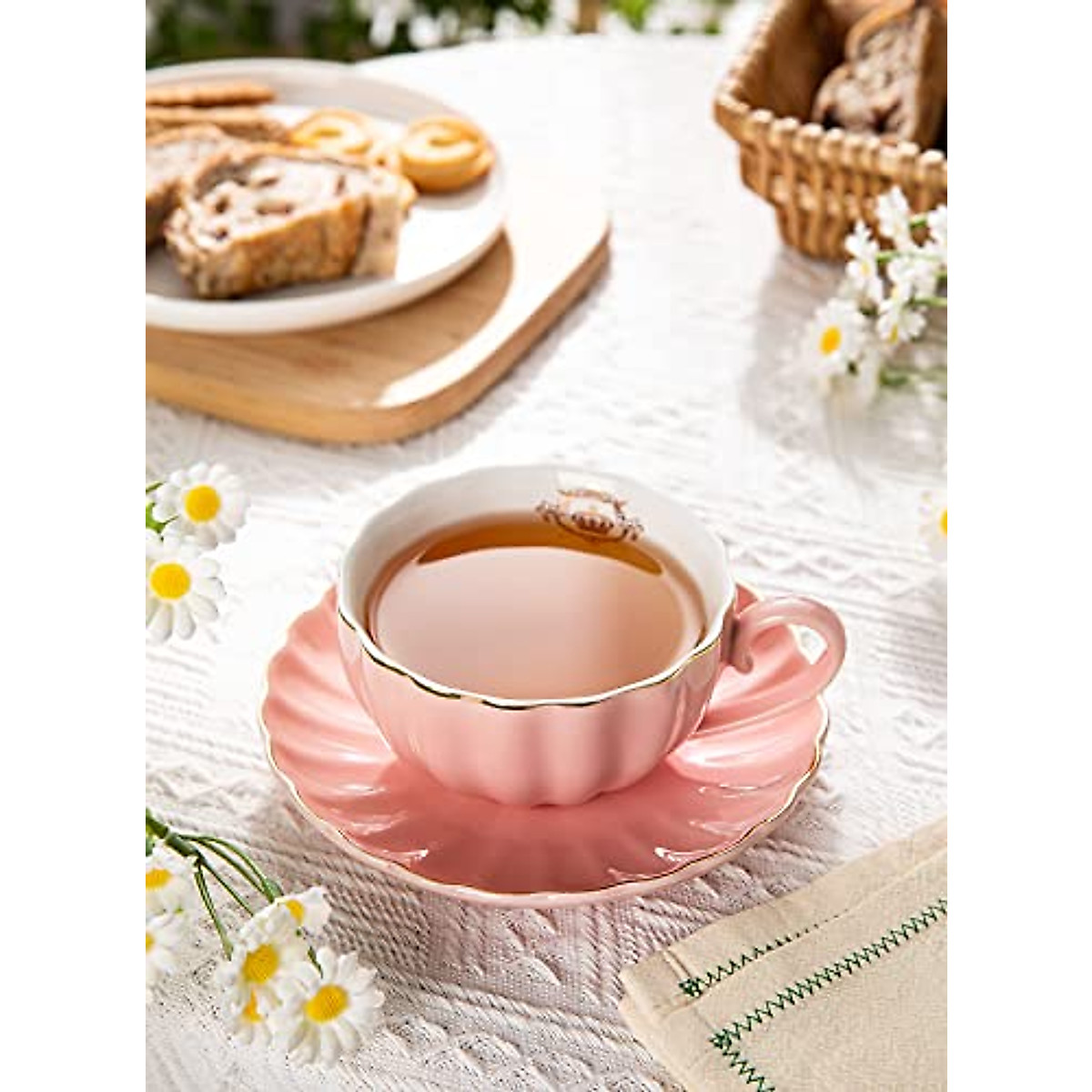 Amazingware Royal Tea Cups and Saucers, with Gold Trim and Gift Box, British Coffee Cups, Porcelain Tea Set, Set of 6 (8 oz)- Pink