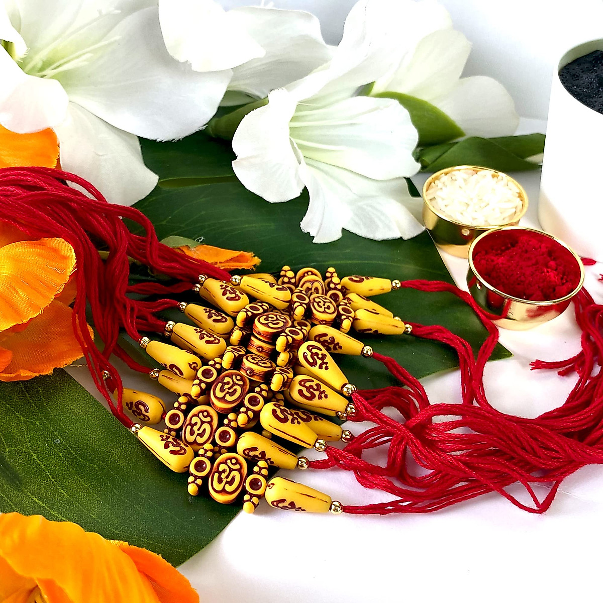 KSJONE Set of 12 Om Design Rakhi Thread, Rakhi for Brother, Raksha Bandha Gift for Your Brother, Rakhi Bracelet for Loving Sibling, Father, Bhabhi, Bhaiya with Roli Chawal (Design 2)