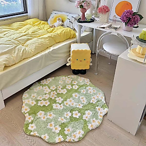 Moss Rug 3D Stereo Irregular Rug Nature Flowers Daisy Moss Rug for Living Room Bedroom Home Aesthetic Decor Floor Mat Indoor Floor Plush Shaggy Area Rug Anti-Slip Cute Rugs (39.4*39.4in) (green)