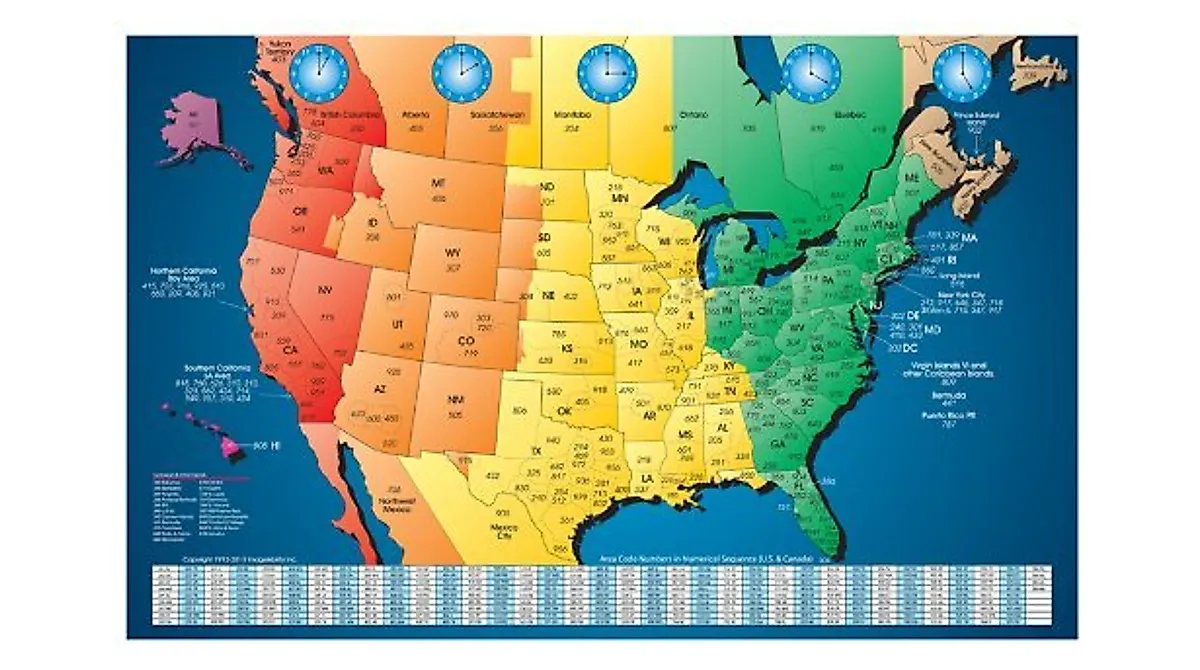 Laminated North America Time Zone & Area Code Wall Map