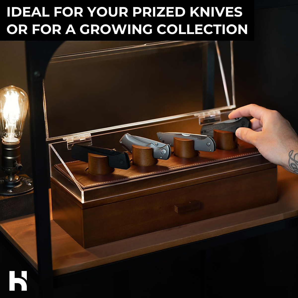 Pocket Knife Display Case EDC Case – Pocket Knife Storage Case and Knife Display Stand – Pocket Knife Case and Pocket Knife Organizer – Knife Cases For Collections - Gift For Men Husband Dad - Walnut