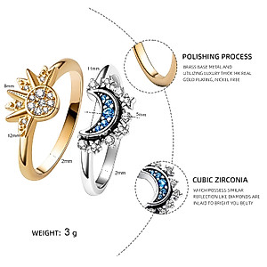 UNE DOUCE Celestial Sun and Moon Ring Set, Sparkling Sun Ring/Blue Moon Ring with 14k Gold/Silver Plating, Friendship Promise Ring, Stackable Celestial Rings, Gift for Women