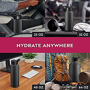 FineDine Triple Walled, Insulated Water Bottles with Straw - 40 Oz Stainless Steel Metal Bottle W/ 3 Leak Proof Lids - For Travel, School, Sports, Gym/Men, Women & Kids - Inky Raven Black