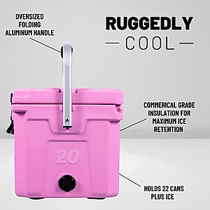 CAMP-ZERO 20L | 21.13 Quart Premium Cooler with 4 Molded-in Cup Holders & Folding Aluminum Handle | Thick Walled, Freezer Grade Cooler w/Secure Locking System & Tie Down Channels (Pink)