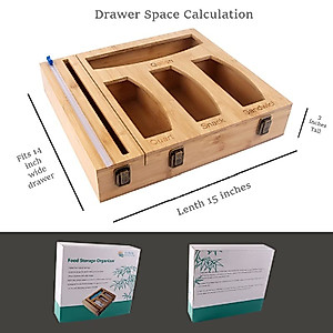 Plastic Bag Storage Organizer Bamboo - 5 in 1 Wrap Dispenser with Cutter, Suitable for Gallon, Quart, Sandwich & Snack Bag, Cling Film, Aluminum Foil etc; Compatible with 12" Kitchen Rolls