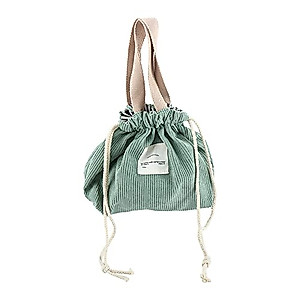 Outdoor Picnic Drawstring Picnic Tote Corduroy Canvas Dinner Container Cute Food Storage Bags Lunch Bag(Green)