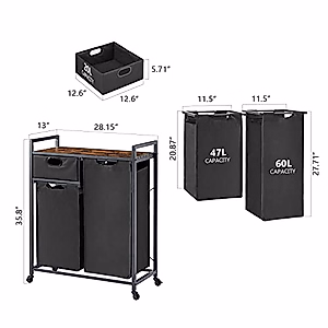 Unovivy Double Laundry Hamper with Drawer, Laundry Basket with 2 Removable Laundry Sorter Bags, Oxford Fabric, Metal Frame, Clothes Hamper for Bathroom, Dorm, Laundry Room (Rustic Brown)