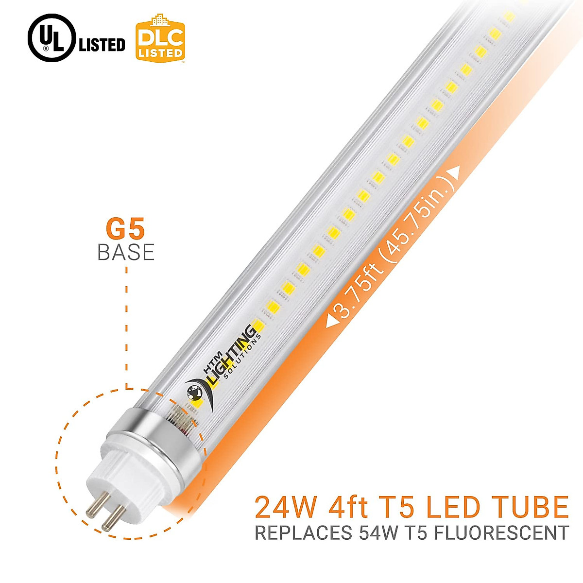 4ft 24W T5 High Output LED Tube Light, 45.75", F54T5 Equal, 5000K (Cool White), Clear Lens, 3500 lm, G5 Mini Base, 100-277V, Ballast Bypass, Dual-End Powered, LED Shop Light, UL-Listed (24-Pack)