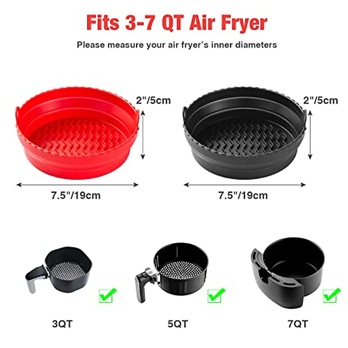 2-Pack, TroHollis™ Silicone Air Fryer Liners | 7.5＂Foldable Air Fryer Silicone Pot [NEW-UPGRADED] | Food-Grade Reusable Air Fryer Accessories for Replacing Parchment Liner Paper, Red & Black