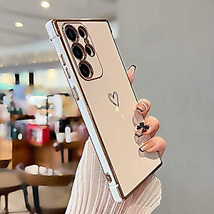 DEFBSC Compatible with Samsung Galaxy S23 Ultra Case with Gold Heart, Luxury Plating Edge Bumper Cute Case with Full Camera Protection for Women Girls, Anti-Scratch Shockproof Phone Cover,White