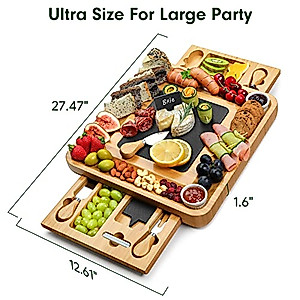 Easoger Large Charcuterie Board (28"×13"×1.6") with 2 Drawers, Bamboo Cheese Board with Knife Set, 2 Ceramic Bowl, Cutting Protection Natural Slate and Non-slip Feet, ideal for Housewarming Gift