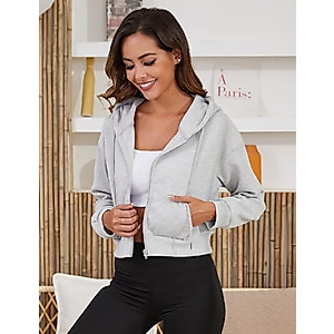 Yimoon Cropped Zip Up Hoodie for Women Waffle Knit Vintage cropped Sweatshirt Casual Long Sleeve Hooded crop jacket(Grey-L)