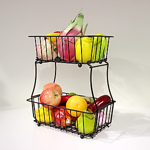 VANLAMNI 2 Tier Wire Fruit Storage Basket for Kitchen Countertop, Bread Vegetable Snack Fruit Storage Basket, Black