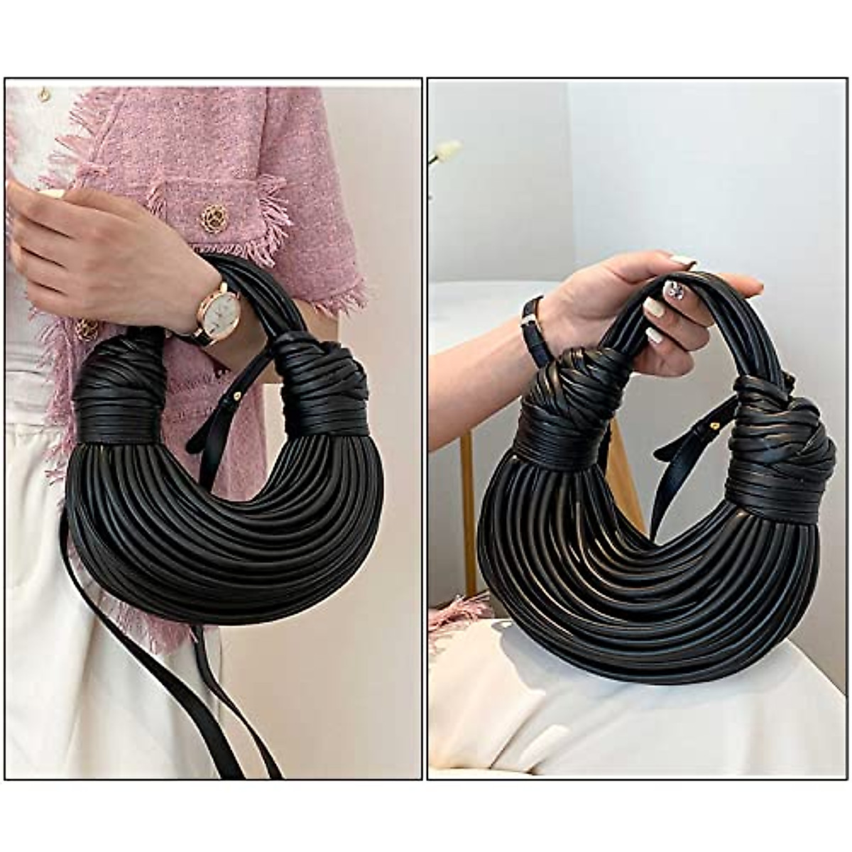 Women Purses and Handbags Hand-Woven Bread PU Leather Top Handle Satchel Shoulder Crossbody Creative Noodles Underarm Bag (black)