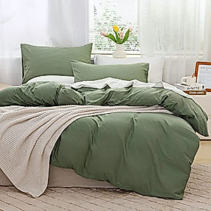 JELLYMONI Green 100% Washed Cotton Duvet Cover Set, 3 Pieces Luxury Soft Bedding Set with Zipper Closure. Solid Color Pattern Duvet Cover Queen Size(No Comforter)