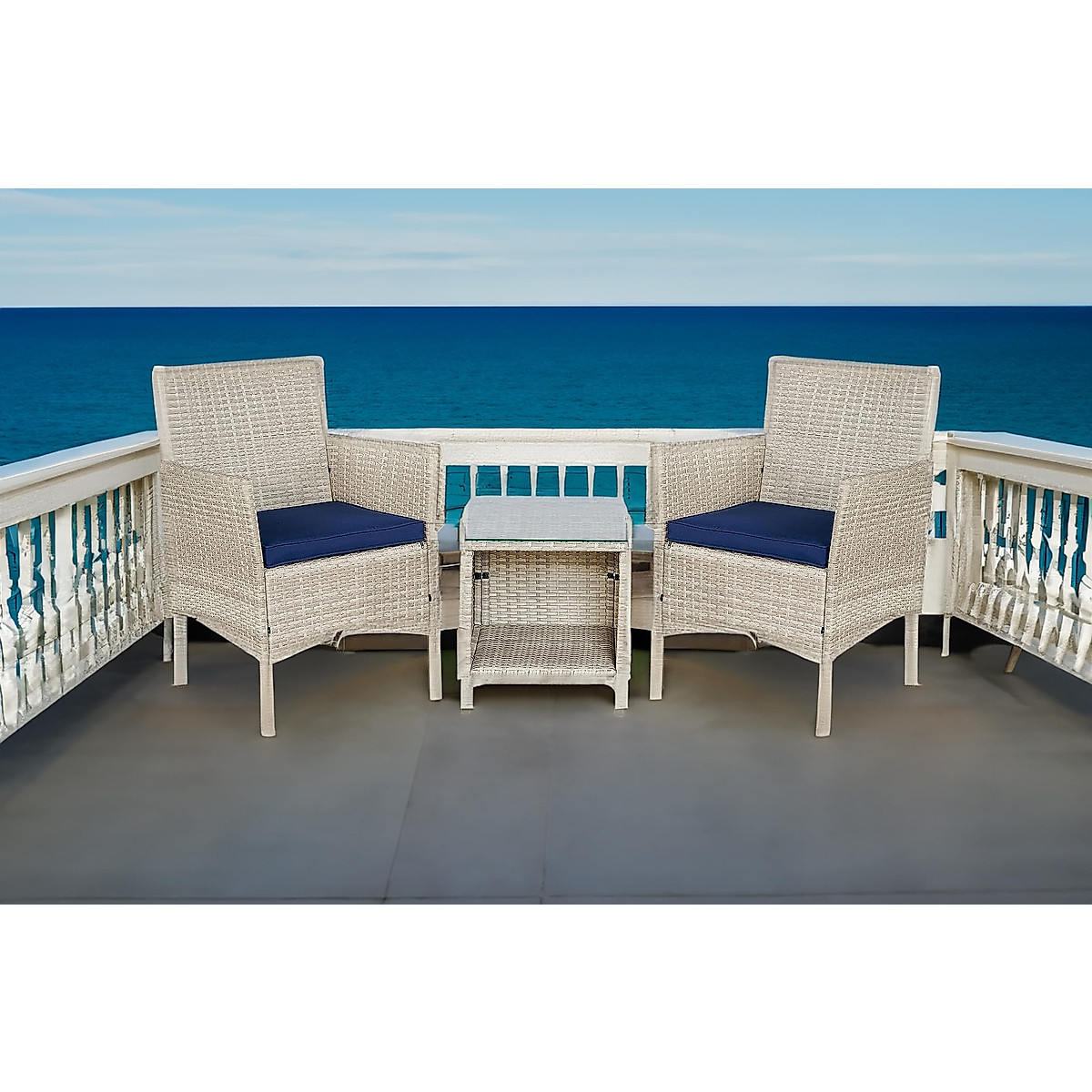 BTEXPERT Outdoor Wicker Conversation 3 Piece Bistro Set Garden Patio Yard Porch Furniture Space Saving Pe Rattan 2 Chairs Cushions Side Storage Glass Table Stone Gray/Navy Blue 3pc