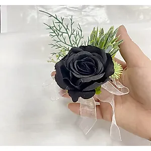 Rikyo Rose Wrist Corsage Wristlet Band Bracelet and Men Boutonniere Set, Corsage for Prom,Bride Hand Flower Flowers Ceremony,Wedding Party Prom Decor,DIY Petals Hair Hat Wreath (Black)
