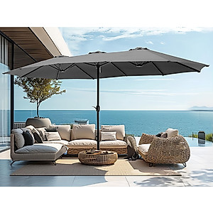 PHI VILLA 15ft Large Patio Umbrellas with Base, Outdoor Double-Sided Rectangle Market Umbrella for Pool Lawn Garden, Light Gray