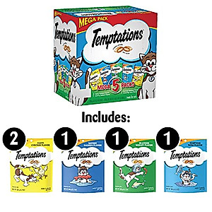 TEMPTATIONS Classic Crunchy and Soft Cat Treats Mega Pack, (5) 6.3 oz. Pouches