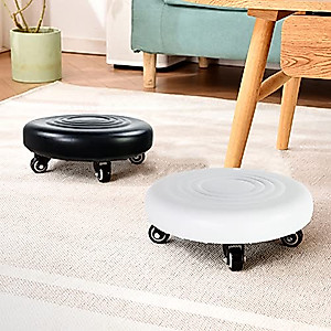 WKWKER Modern Roller Seat 360° Rotating PU Leather Rolling Stool Floor Stools with Universal Caster Ottoman Step Stools Fitness Sport H：4.6" Swivel Wheels for Home Garage Shop (White)