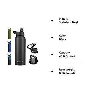 CIVAGO 40 oz Insulated Water Bottle With Straw, Stainless Steel Sports Water Cup Flask with 3 Lids (Straw, Spout and Handle Lid), Double Walled Travel Thermal Canteen Mug, Midnight Black