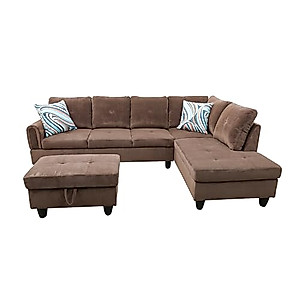 NOTOP 3-Piece Corduroy L-Shaped Sectional Sofas, Button Tufted Upholstered Couch Set with Right Chaise Longue and Storage Ottoman, for Living Room, Home, Office, 97, Dark Brown