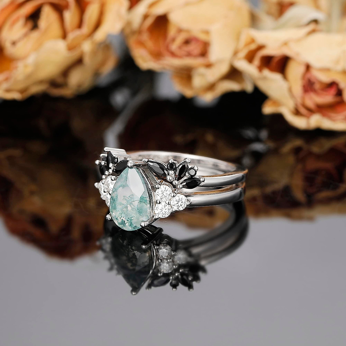 IRROYA 6x9mm Natural Pear Cut Moss Agate Bridal Ring Set,Cluster Genuine Moissanite Engagement Ring,V Shaped Open Ring Band, Sterling Silver Platinum, moss agate