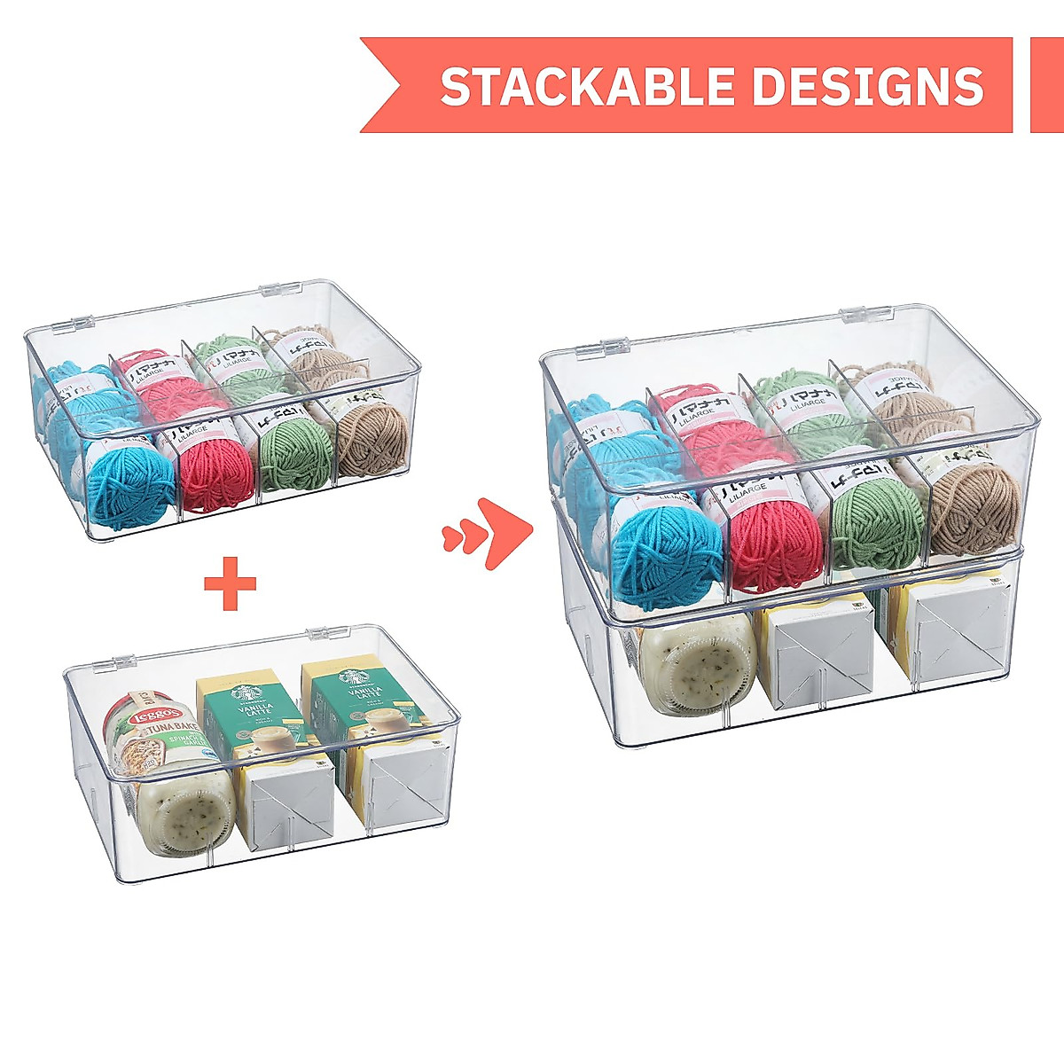 novelinks Clear Plastic Tea Bag Organizer Stackable Storage Organizer with Lid Divided Container Box with Lid for Kitchen Cabinet, Condiments,Countertop, Pantry, Hold Coffee Pods, 2 Pack