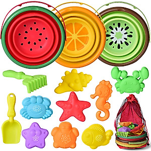 FUN LITTLE TOYS Sand Toys with Silicone Foldable Beach Bucket, Animal Sand Molds, Beach Shovel, Carrying Net, Bithday Gifts for Boys Girls