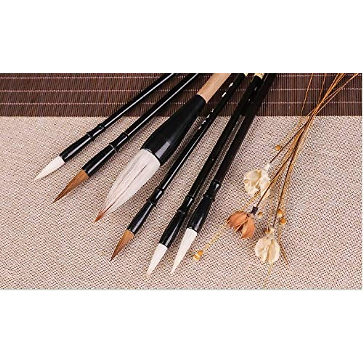 6 Pcs Brush Pen Set with Stand Holder Chinese Calligraphy Painting Art Wood Shelf Include Writing Brush