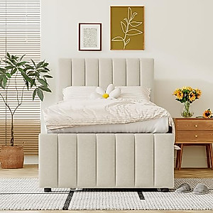 SIYSNKSI Twin Size Upholstered Platform Bed with Trundle and 3 Drawers, Linen Fabric Platform Bed with Headboard and Wooden Slat Support for Kids Boys Girls Teens Bedroom (Beige + Linen-A32)