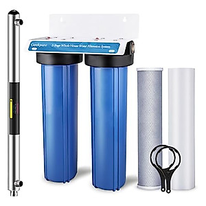 Geekpure 3 Stage Whole House Water Filter System with 4.5 x 20 Inch Housing 5 Micron PP Sediment + Carbon Filters +12 GPM UV Filter-1 Inch Brass NPT Port