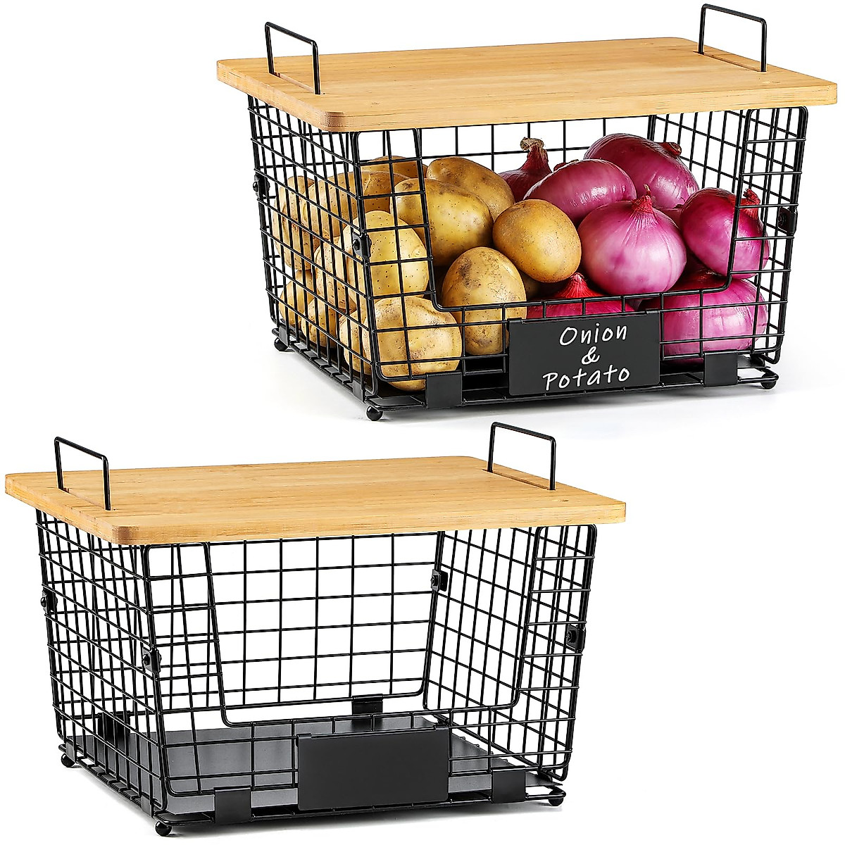 2 Set Kitchen Counter Basket with Bamboo Top - Pantry Cabinet Organization and Storage Wire Basket - Countertop Organizer for Produce, Fruit, Vegetable (Onion, Potato), Bread, K-Cup Coffee Pods